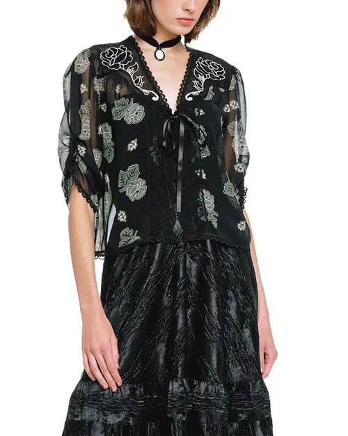 Anna Sui Floral Embroidered Chiffon Bed Jacket