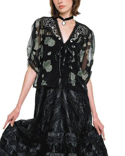 Anna Sui Floral Embroidered Chiffon Bed Jacket