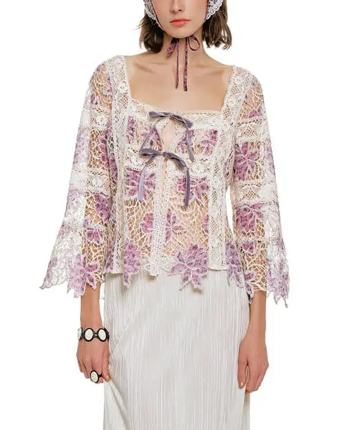 Anna Sui Medallion Floral Lace Tie Blouse