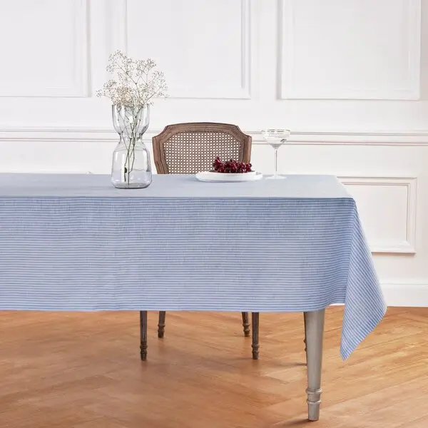 SOLINO HOME Linen Tableclothnarrow Stripe - Cornflower Blue And White