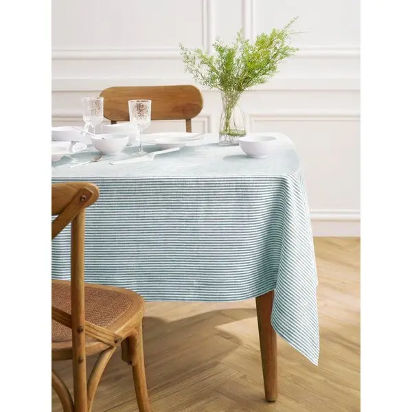 SOLINO HOME Linen Tableclothnarrow Stripe - Rainforest And White