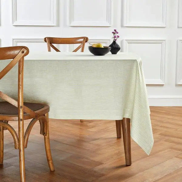 SOLINO HOME Linen Tableclothnarrow Stripe - Sage And White