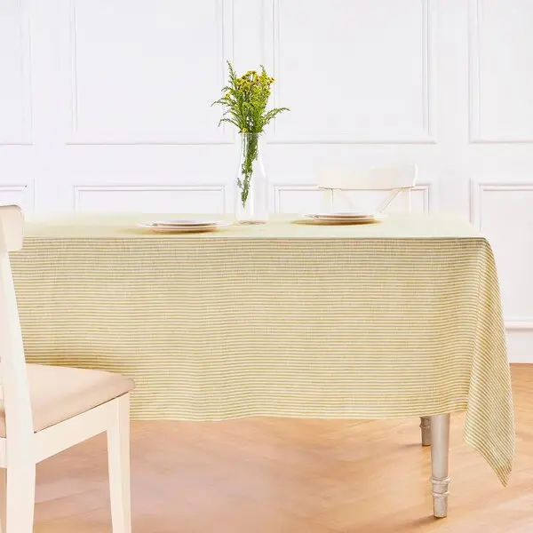 SOLINO HOME Linen Tableclothnarrow Stripe - Spicy Mustard And White