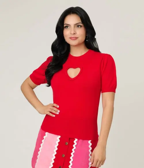 SMAK PARLOUR Printed Heart Cutout Knit Sweater - Solid Red