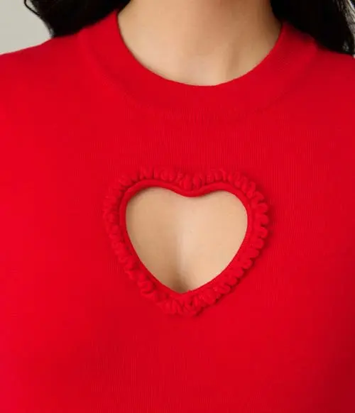 SMAK PARLOUR Printed Heart Cutout Knit Sweater - Solid Red