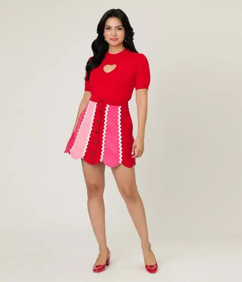 SMAK PARLOUR Printed Heart Cutout Knit Sweater - Solid Red