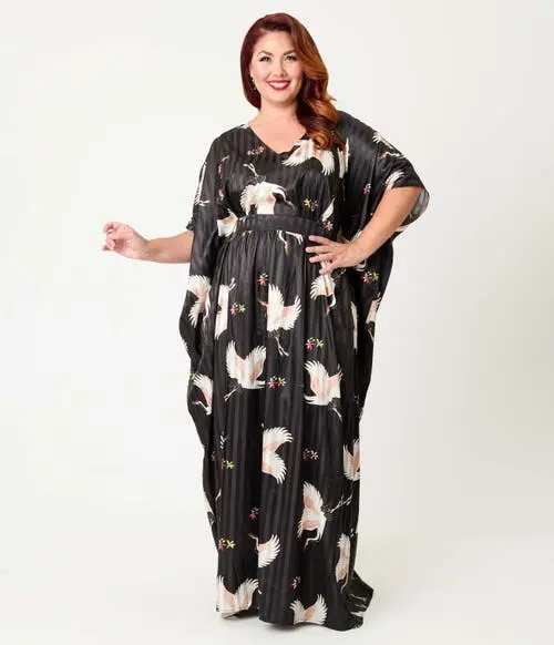 Unique Vintage Burton Caftan Dress - Black & White Crane Print