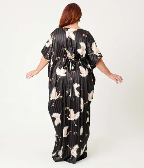 Unique Vintage Burton Caftan Dress - Black & White Crane Print