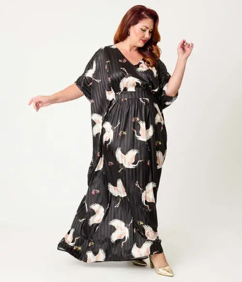 Unique Vintage Burton Caftan Dress - Black & White Crane Print