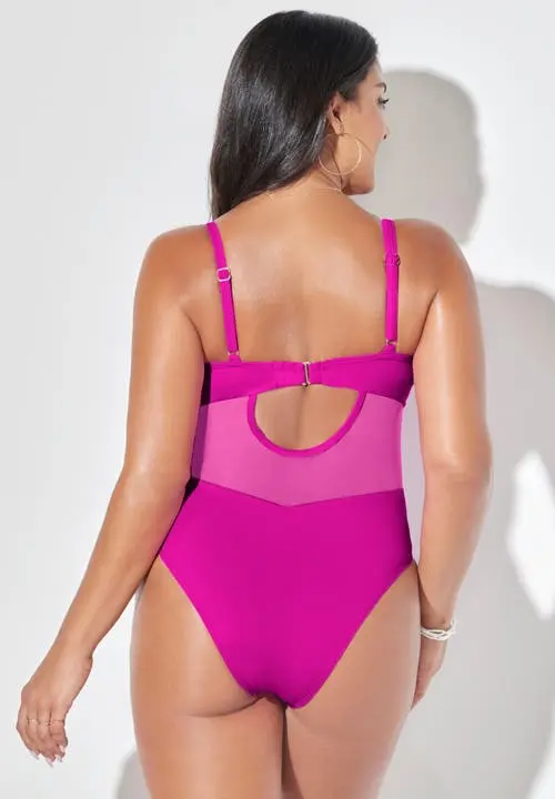 SWIMSUITS FOR ALL Cup Sized Mesh Underwire One-piece Swimsuit - Fluorescent Pink