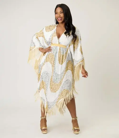 SMAK PARLOUR Triangle Caftan Dress With Fringe - White & Metallic
