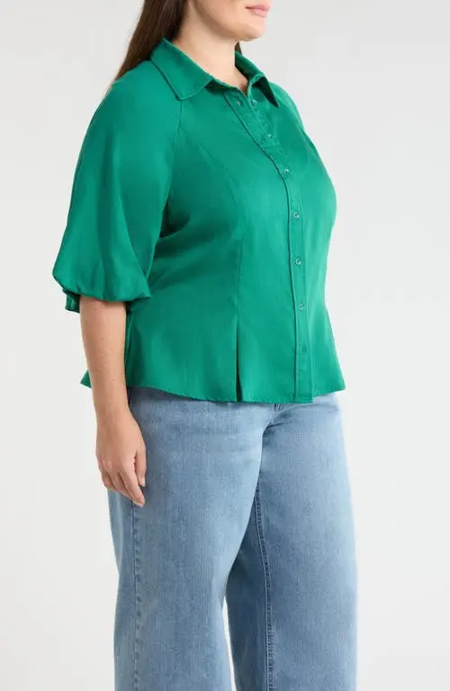 Wit & Wisdom Bubble Sleeve Button-up Top - Lake Green