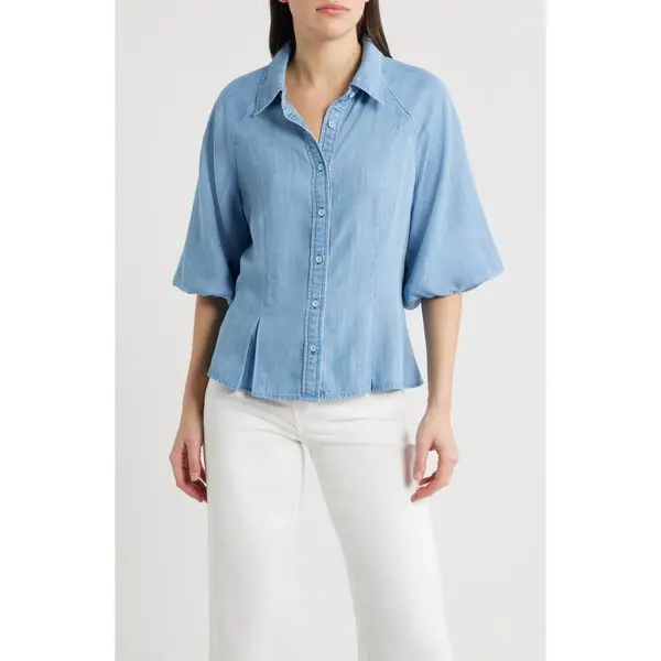 Wit & Wisdom Bubble Sleeve Button-up Chambray Top - Light Blue