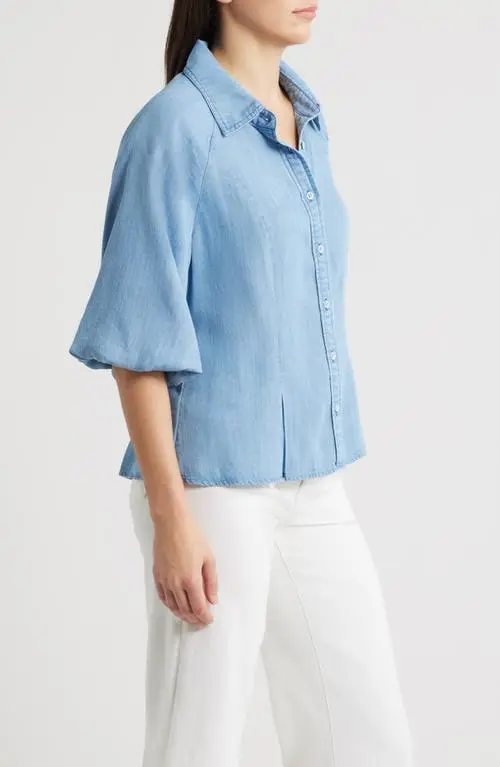 Wit & Wisdom Bubble Sleeve Button-up Chambray Top - Light Blue