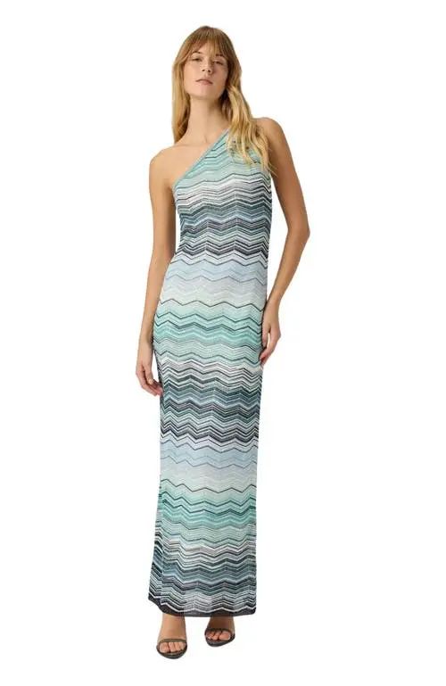 Missoni One-shoulder Chevron Sequined Long Dress - Turquoise