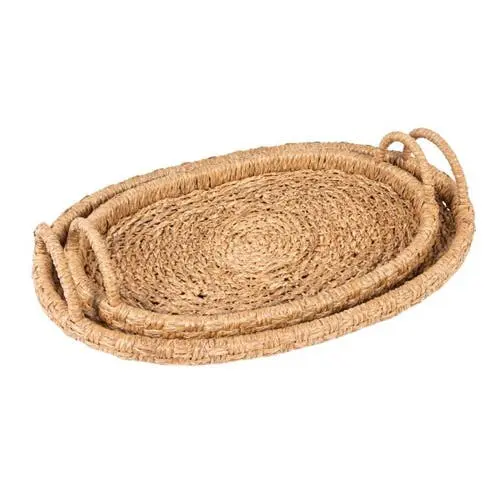 STORIED HOME Decorative Handwoven Oval Seagrass & Rattan Trays With Handles