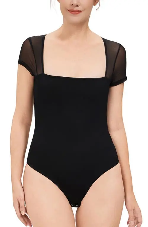 KIMI + KAI Square Neck Sheer Sleeve Bodysuit - Black