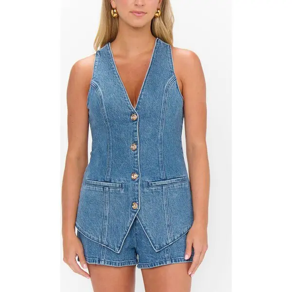 Show Me Your Mumu Denim Romper - Ripple Indigo
