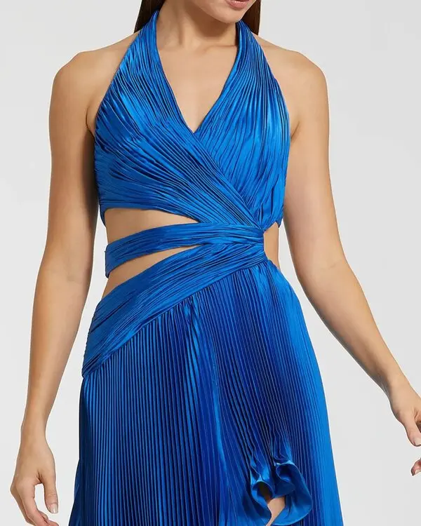 Mac Duggal Halter Neck Pleated Charmeuse Cut Out Gown In Cobalt |  Editorialist