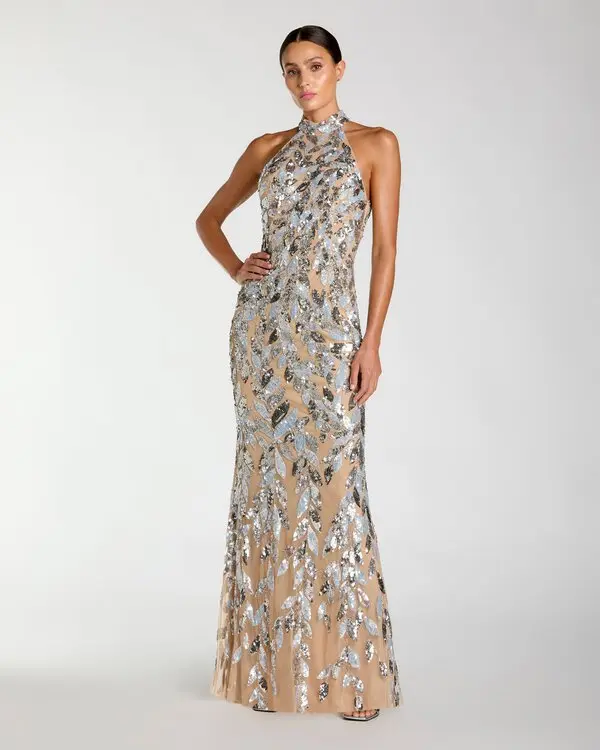 Mac Duggal Sequin Halter Backless Column Gown