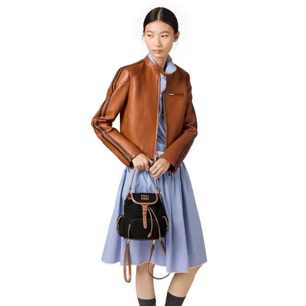 Miu Miu Canvas And Leather Backpack - Black/brandy