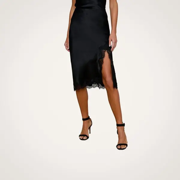 L'Agence Silk Lace Midi Skirt - Black