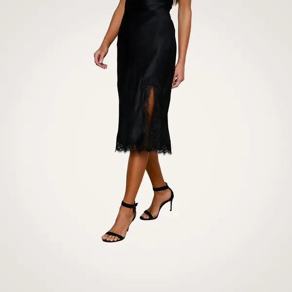 L'Agence Silk Lace Midi Skirt - Black