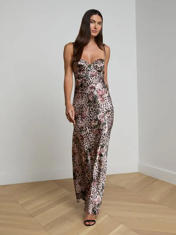 L'Agence Sayla Silk Gown - Multi Large Rose Cheetah