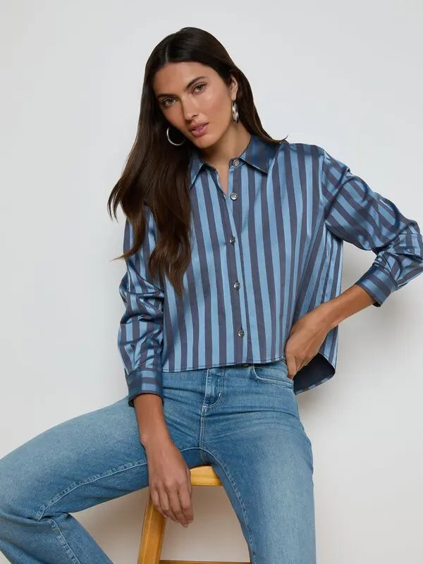 L'Agence Cosette Satin Shirt - Blue Multi Stripe