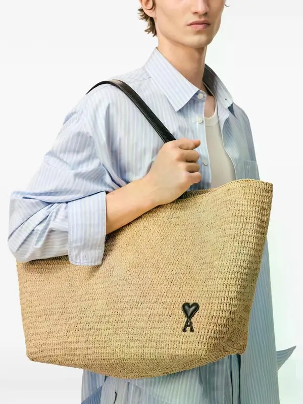 AMI Paris De Coeur Raffia Tote Bag - Neutrals