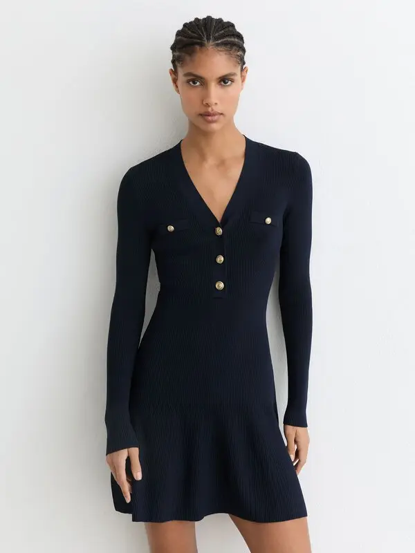 REISS Knitted Button-detail Mini Dress