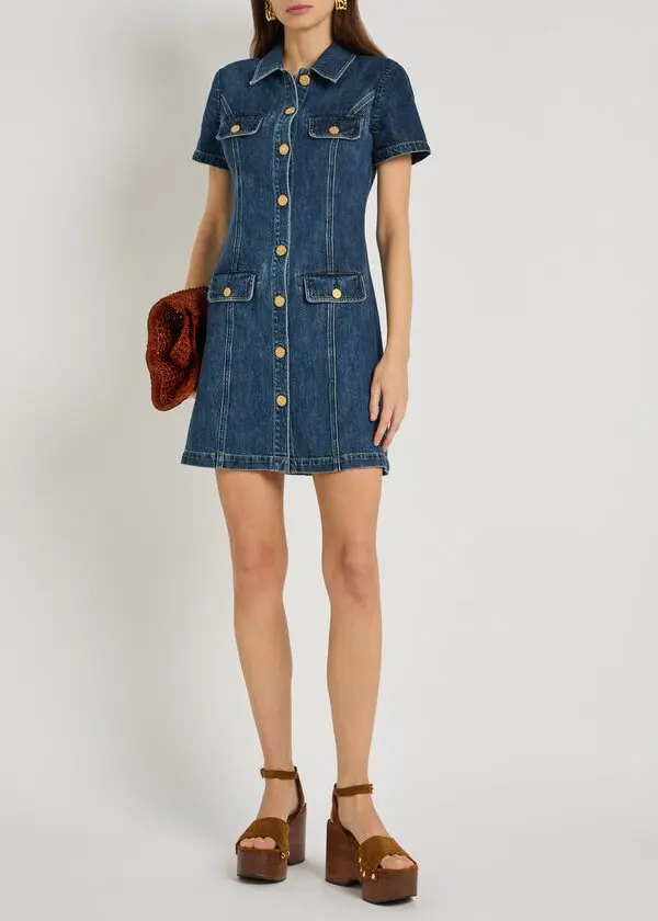 Alice + Olivia Jamie Collared Mini Shirt Dress - Denim