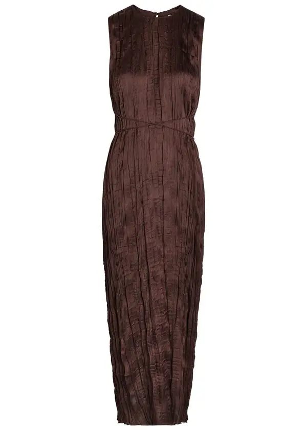 Staud Mizu Belted Plissé Midi Dress - Brown