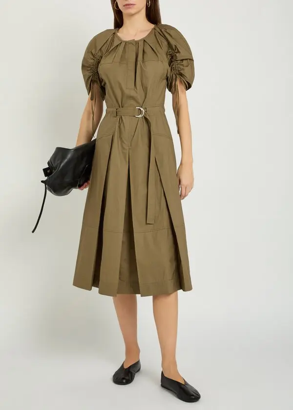 3.1 Phillip Lim Ruched Belted Cotton-poplin Midi Dress - Khaki