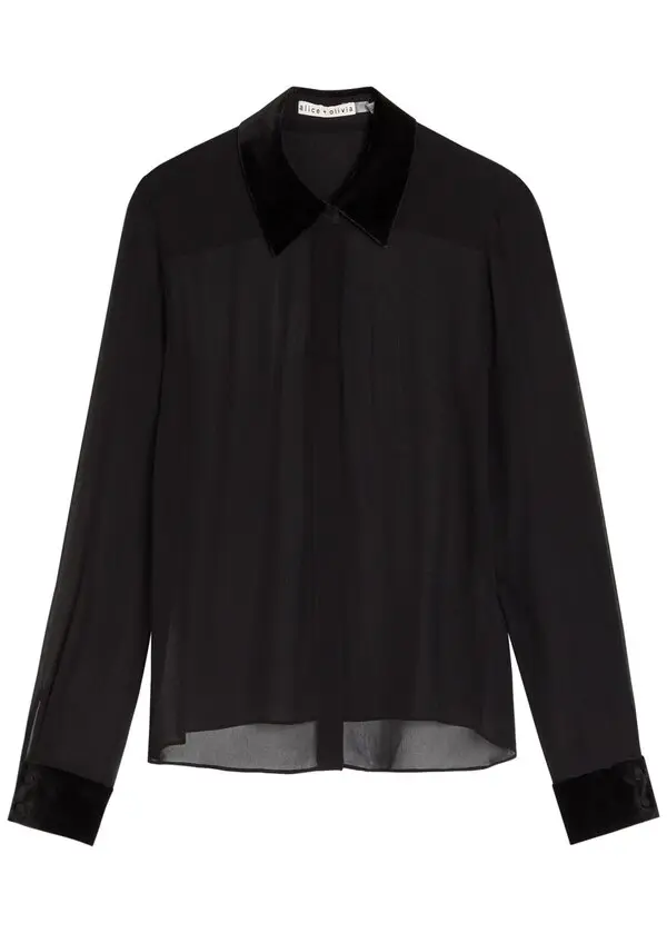 Alice + Olivia Willa Velvet-trimmed Chiffon Shirt - Black