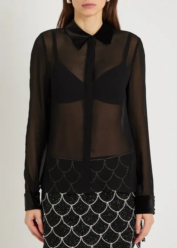 Alice + Olivia Willa Velvet-trimmed Chiffon Shirt - Black