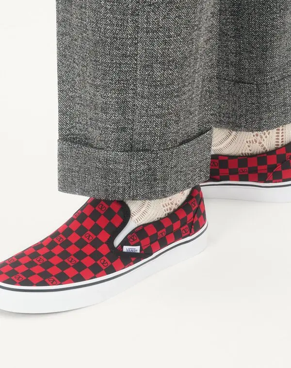 Valentino Garavani And Vans Slip-on Sneaker In Fabric With Vlogo Checkerboard Print - Rouge Pur/black