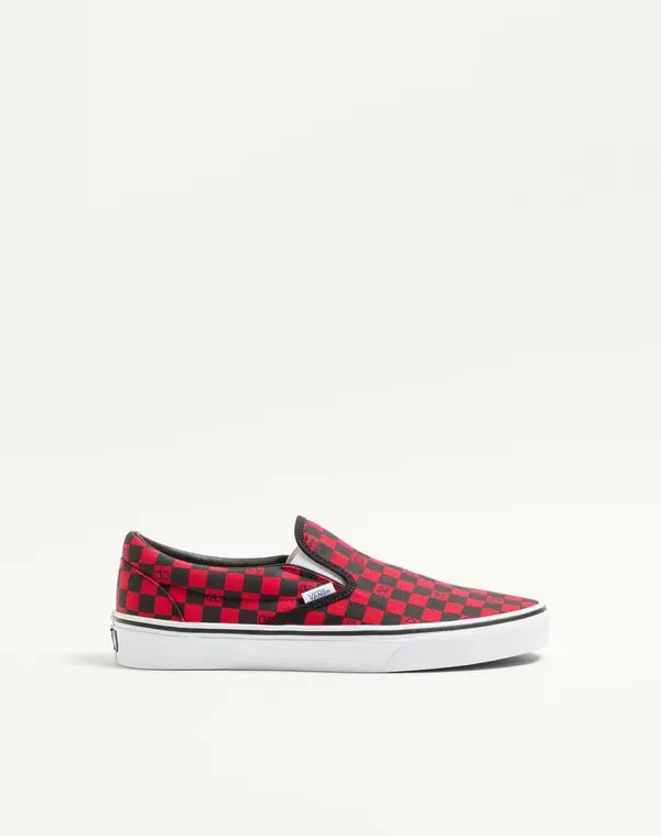 Valentino Garavani And Vans Slip-on Sneaker In Fabric With Vlogo Checkerboard Print - Rouge Pur/black