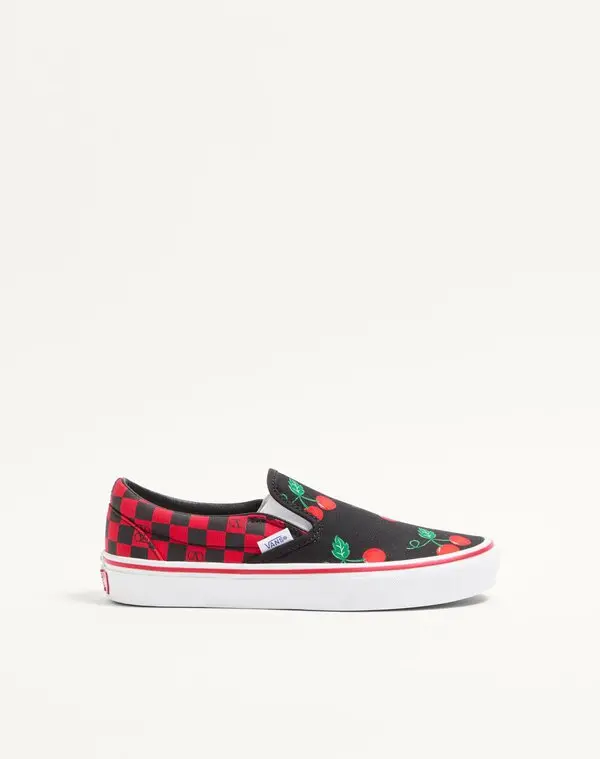 Valentino Garavani And Vans Slip-on Fabric Sneaker With Maxi Cherryfic Print And Vlogo Checkerboard Print - Red/black