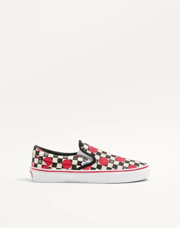 Valentino Garavani And Vans Slip-on Sneaker In Fabric With Vlogo Checkerboard Print And Polka Dot Detail - Butter/black/rouge Pur