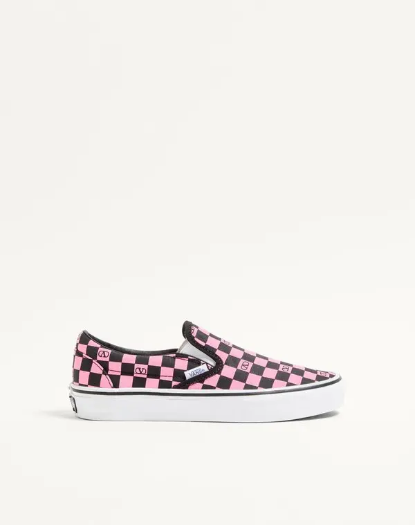 Valentino Garavani And Vans Slip-on Sneaker In Fabric With Vlogo Checkerboard Print - Pink Orchid/black