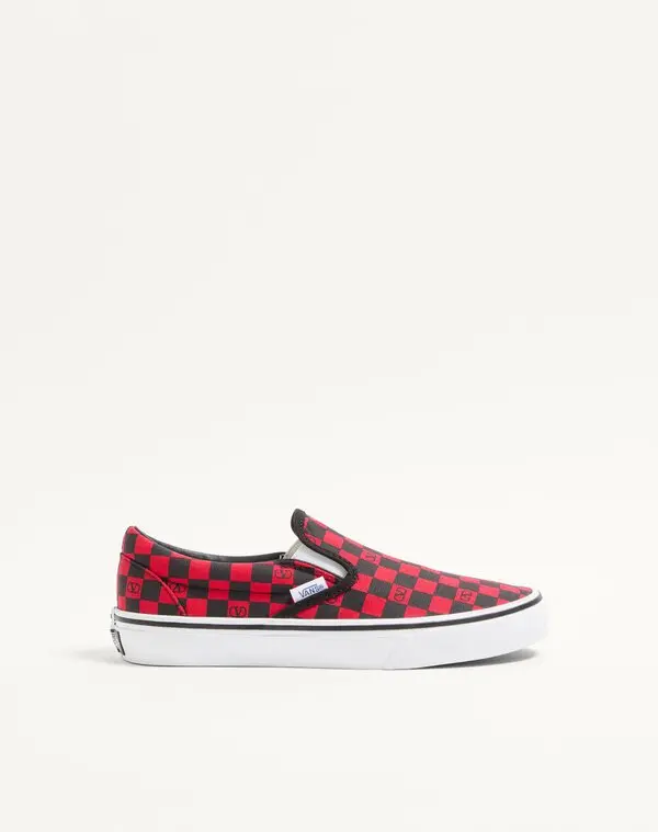 Valentino Garavani And Vans Slip-on Sneaker In Fabric With Vlogo Checkerboard Print - Rouge Pur/black