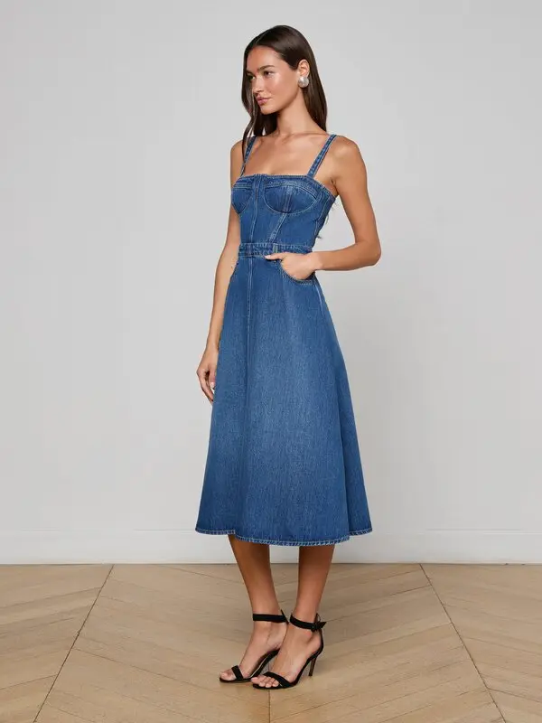 L'Agence Jovie Denim Bustier Midi Dress
