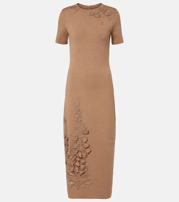 Oscar De La Renta Foxgloves Wool-blend Midi Dress - Brown
