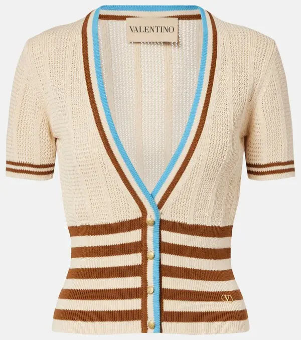 Valentino Garavani Open-knit Striped Cotton Cardigan - Beige