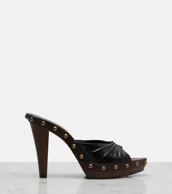 Saint Laurent Babylone Studded Leather Mules - Brown