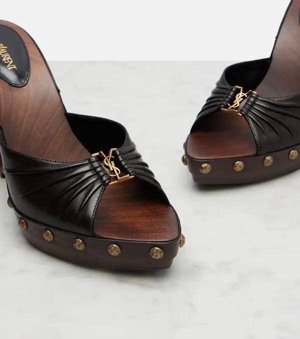 Saint Laurent Babylone Studded Leather Mules - Brown