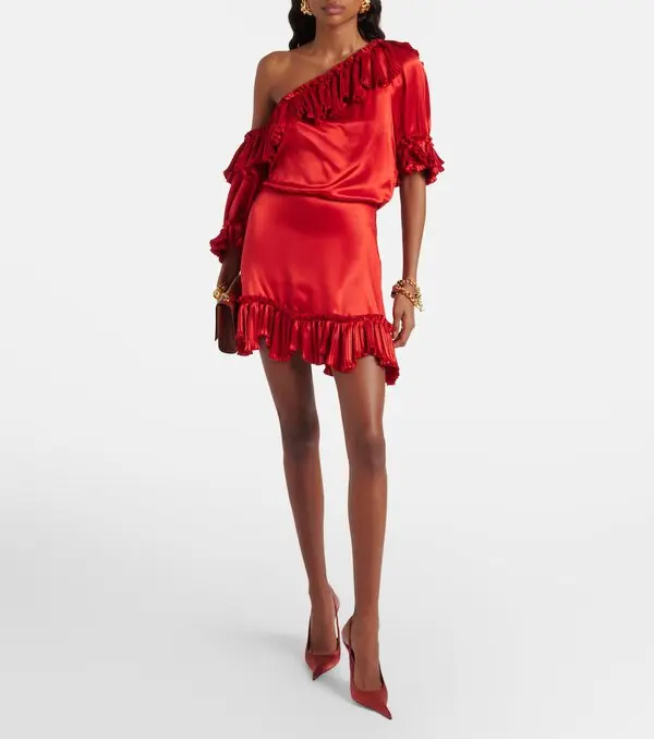 Saint Laurent Ruffled Silk Satin Minidress - Red