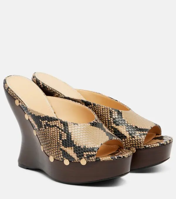 Magda Butrym Snake-effect Leather Wedge Mules - Brown