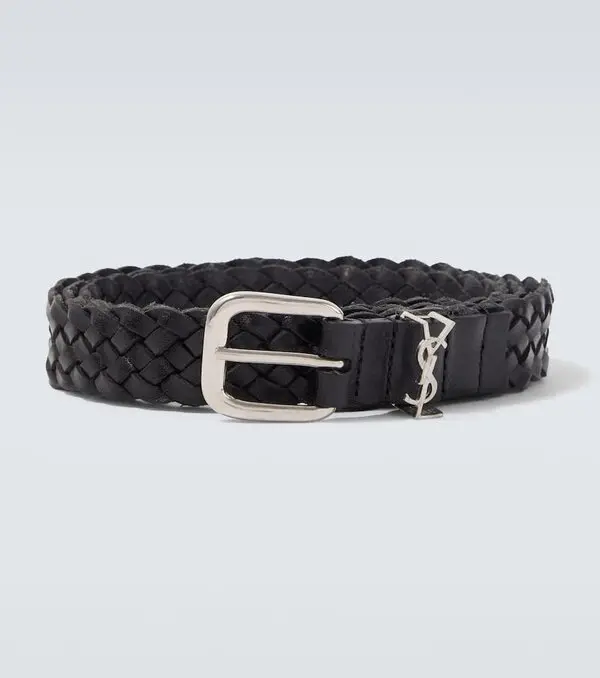 Saint Laurent Cassandre Woven Leather Belt - Black